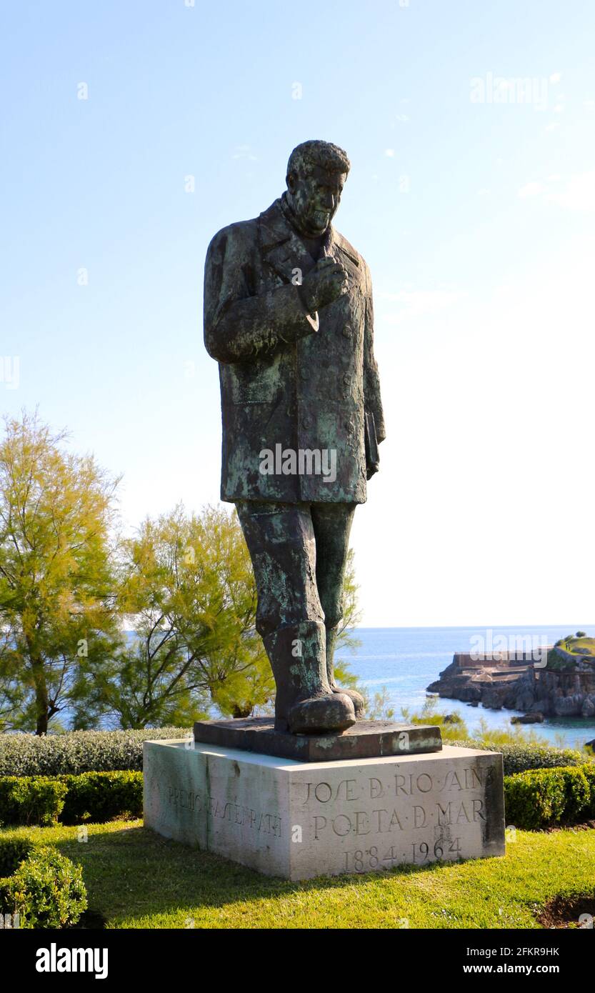 Bronze statue on a stone plinth of poet author and sailor Jose del Rio ...