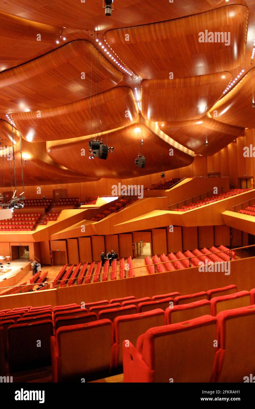 Interior of modern wooden theater and musical hall . With bulbous ...