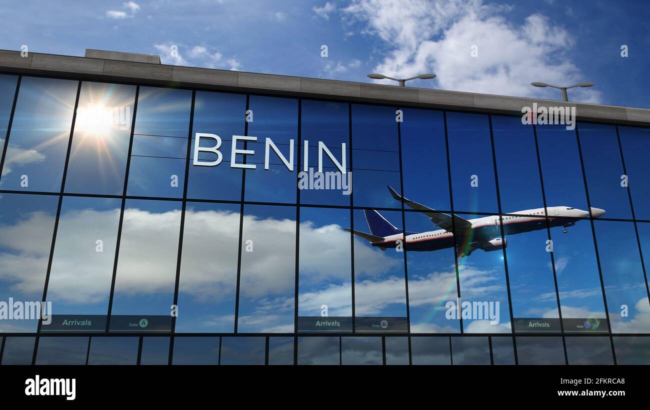 Jet aircraft landing at Benin, Nigeria 3D rendering illustration ...