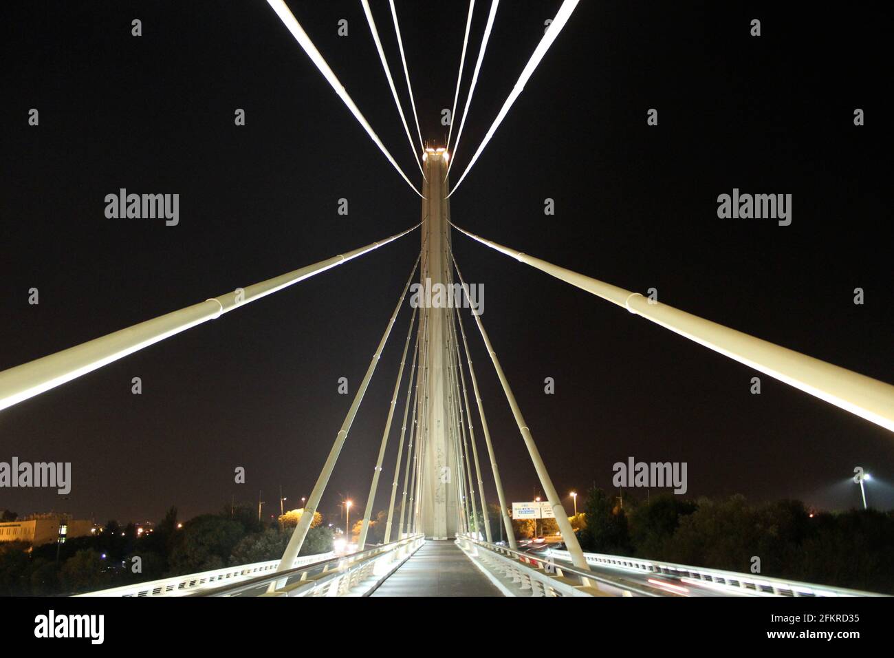 El Alamillo Bridge at night, White line bridge by Calatrava in Seville ...