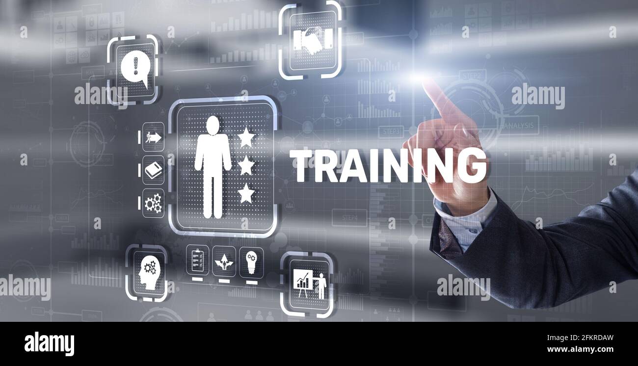 Trainning concept. Businessman pressing on touch screen interface ...