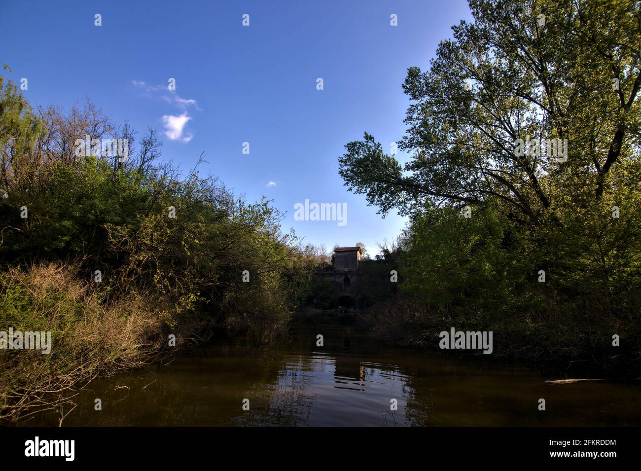 Old weir hidden by trees in an inlet of a river in the italian ...