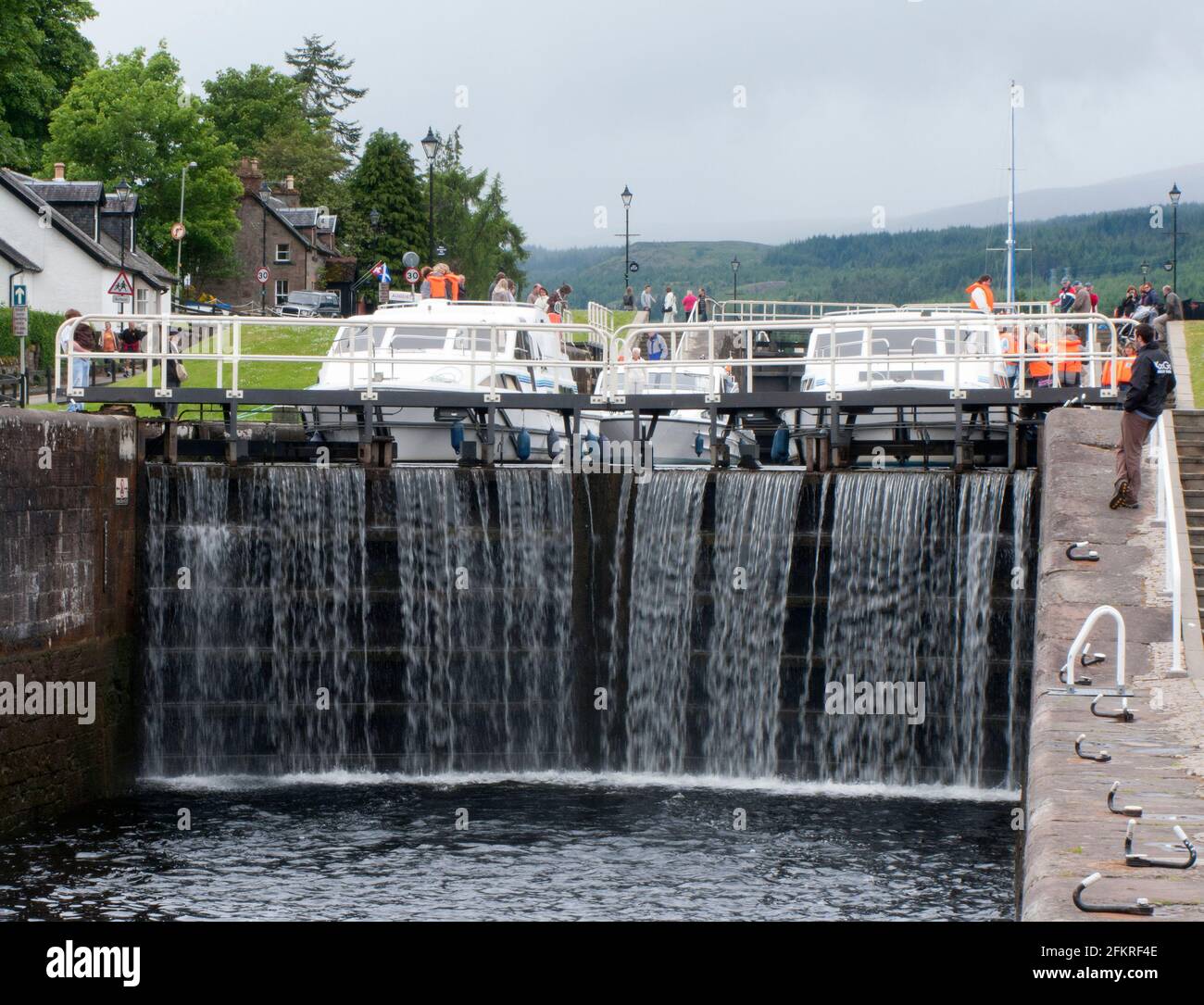 Water flowing over lock gates on the Caledonian Canal. Fort Augustus ...