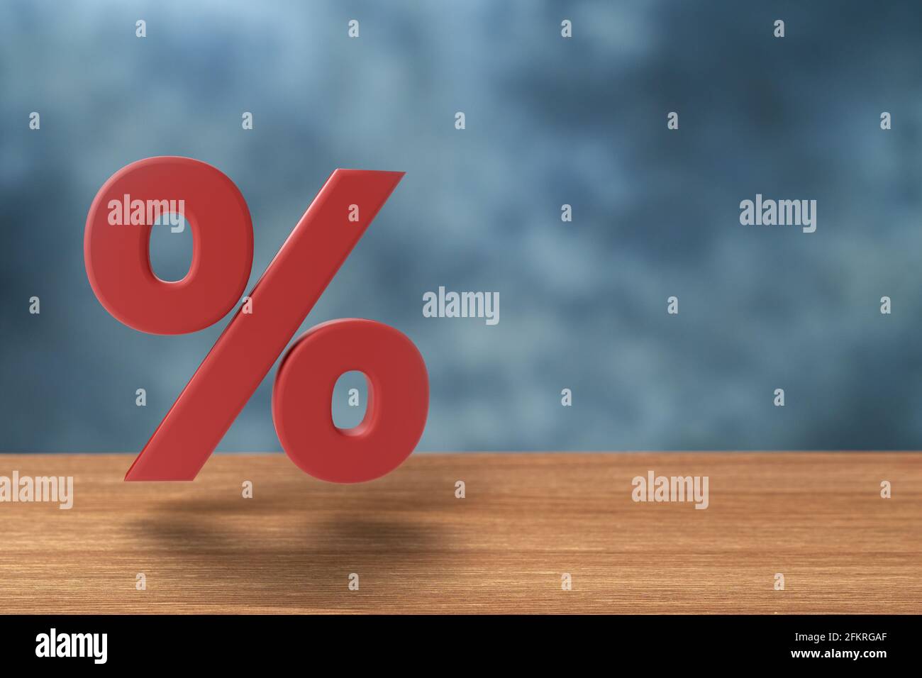 Red percentage sign symbol on wooden desk with copy space. 3D ...