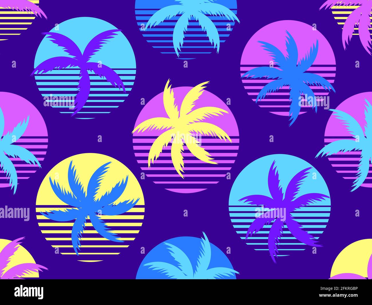 Palm tree and sun 80s style seamless pattern. Retro futuristic sun with ...