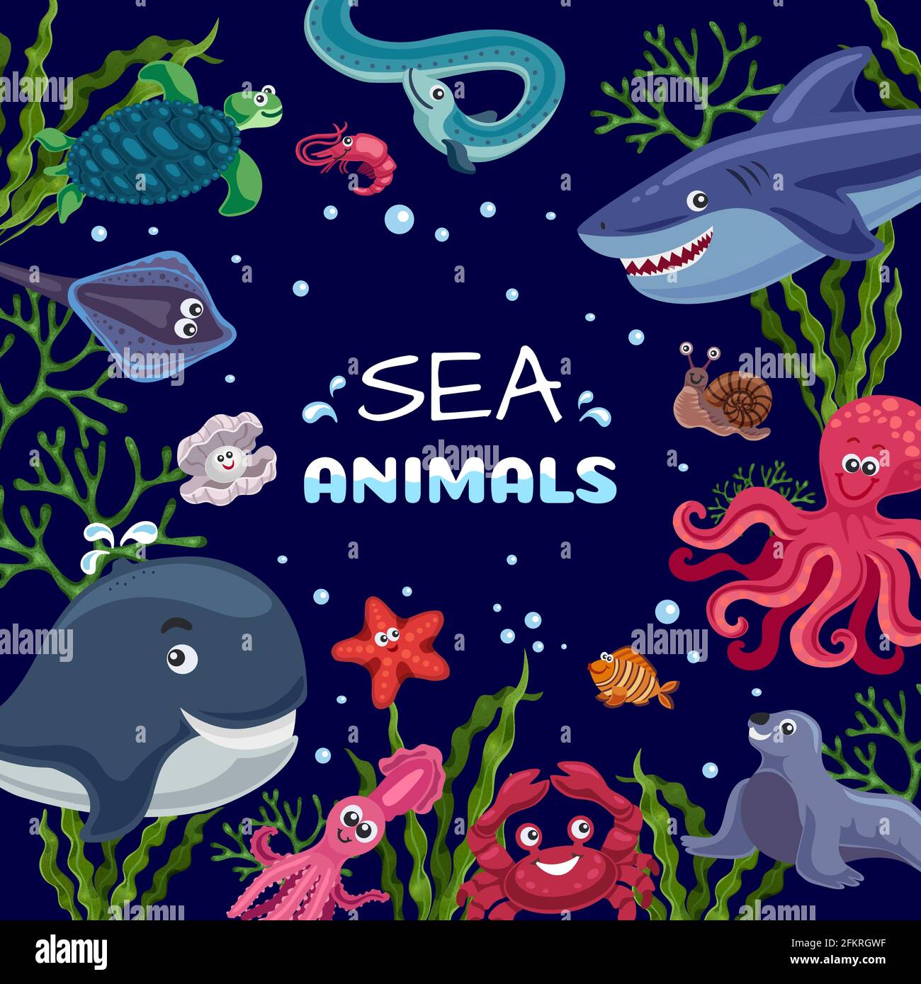 Sea plants animals funny underwater life square frame with smiling ...