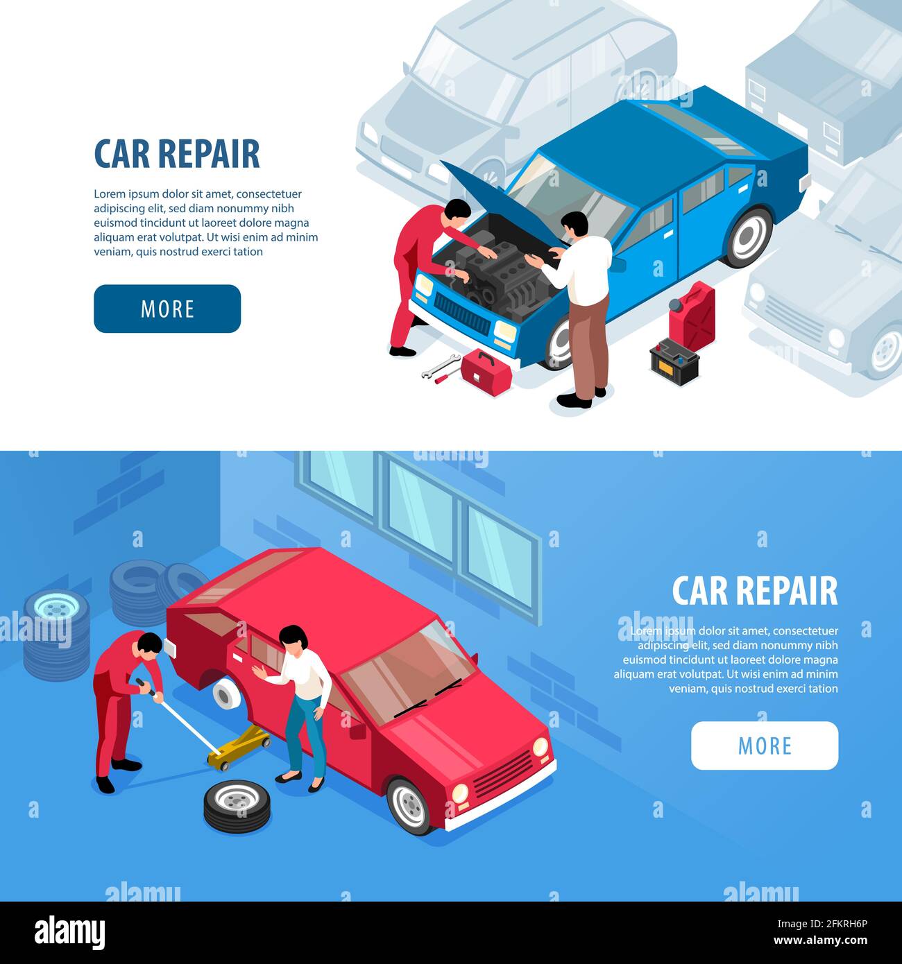 Isometric auto repair horizontal banners set with editable text more ...