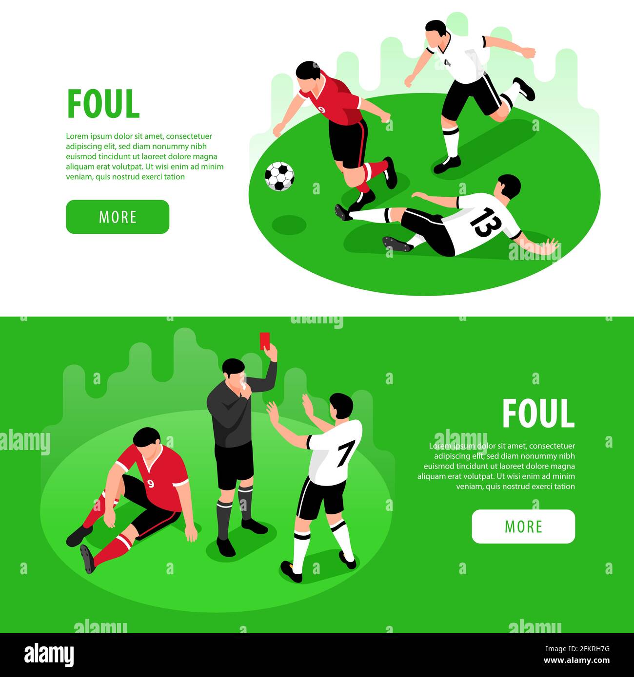 Isometric football soccer horizontal banners set with images of foul ...