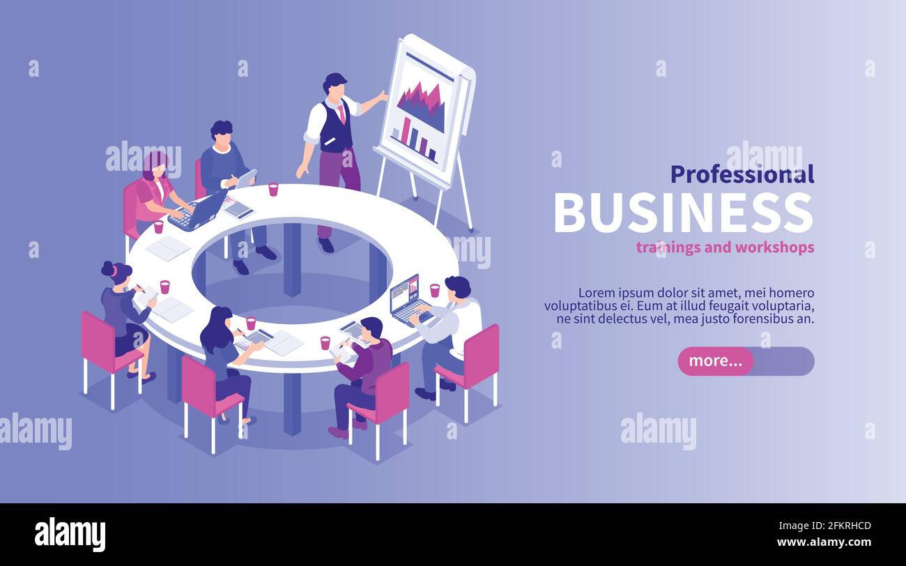 Isometric business training horizontal banner with editable text slider ...