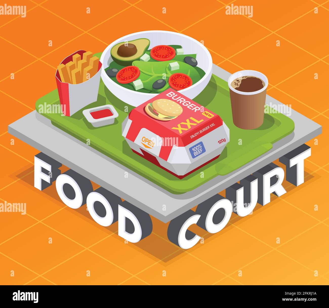 Food court isometric composition with serving platter standing on 3d ...
