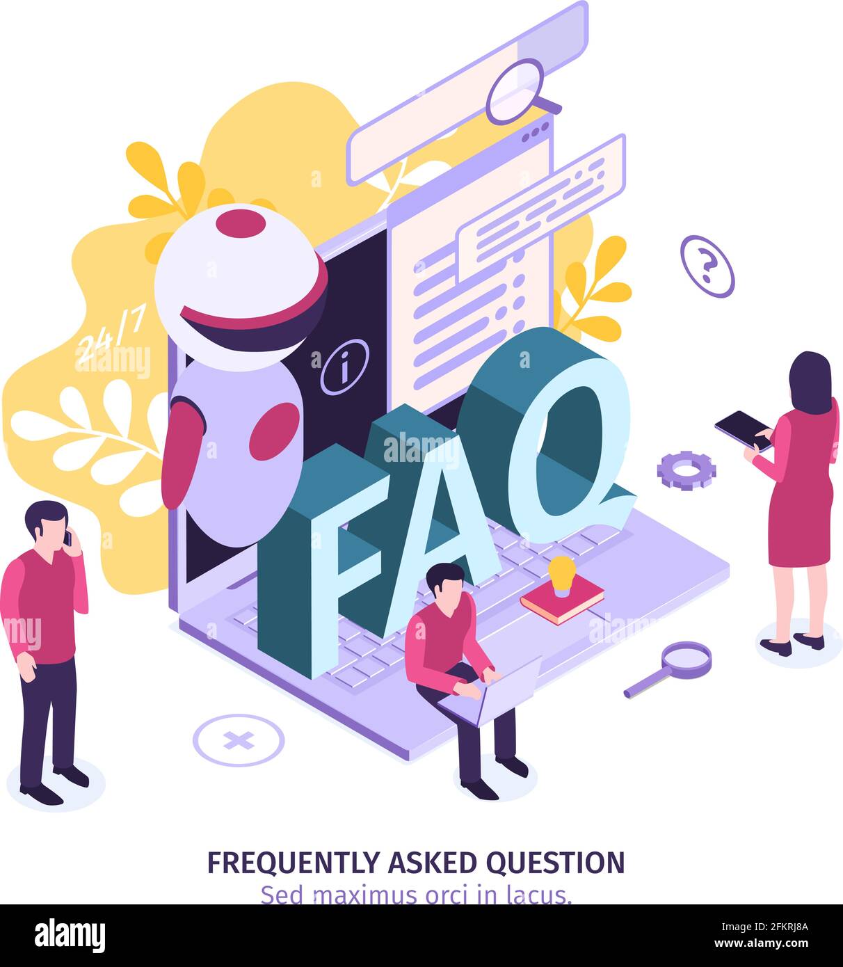 Isometric customer support faq composition with editable text gear ...