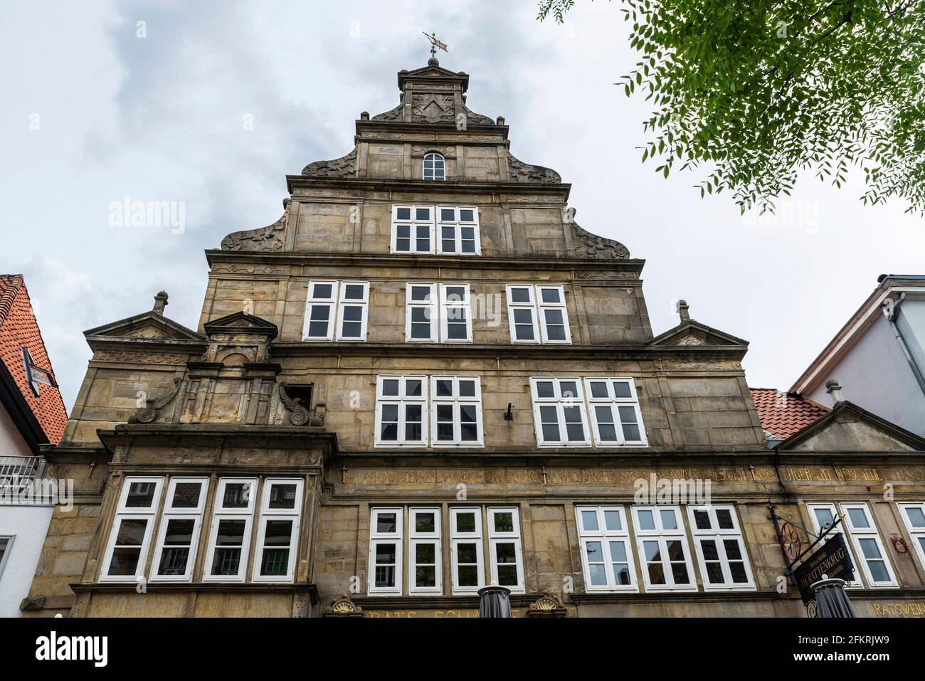 Facade of an old medieval house in the old town of Hamelin, Lower ...