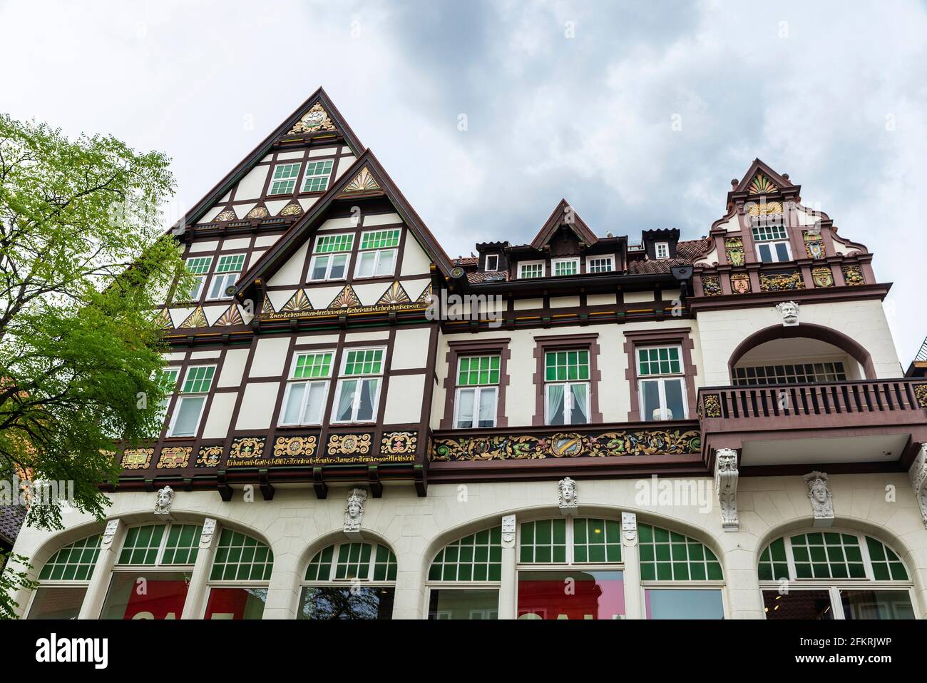Facade of an old medieval house in the old town of Hamelin, Lower ...