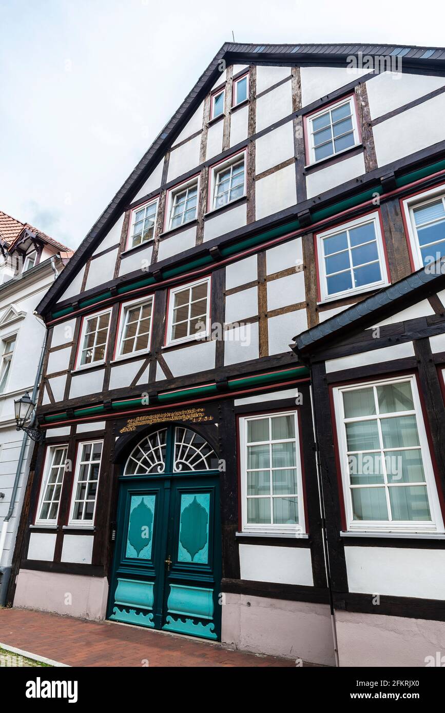 Facade of an old medieval house in the old town of Hamelin, Lower ...