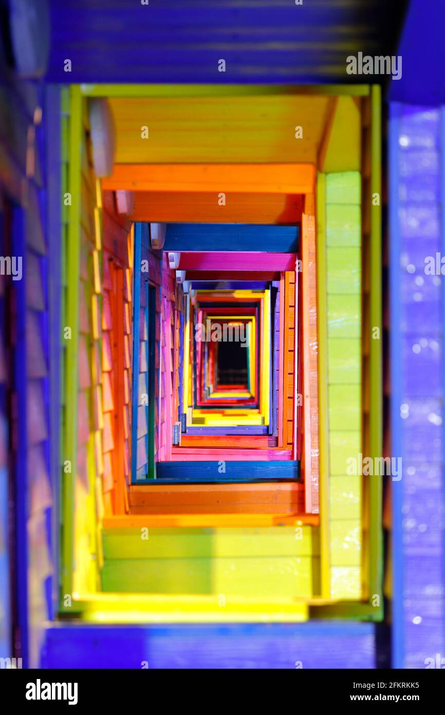 Window corridor of coloured beach huts at Saltburn-by-the-SEa Stock ...