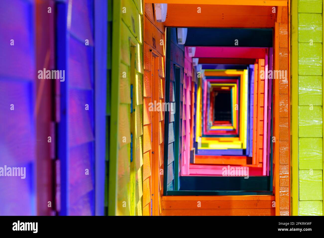 Window corridor of coloured beach huts at Saltburn-by-the-SEa Stock ...