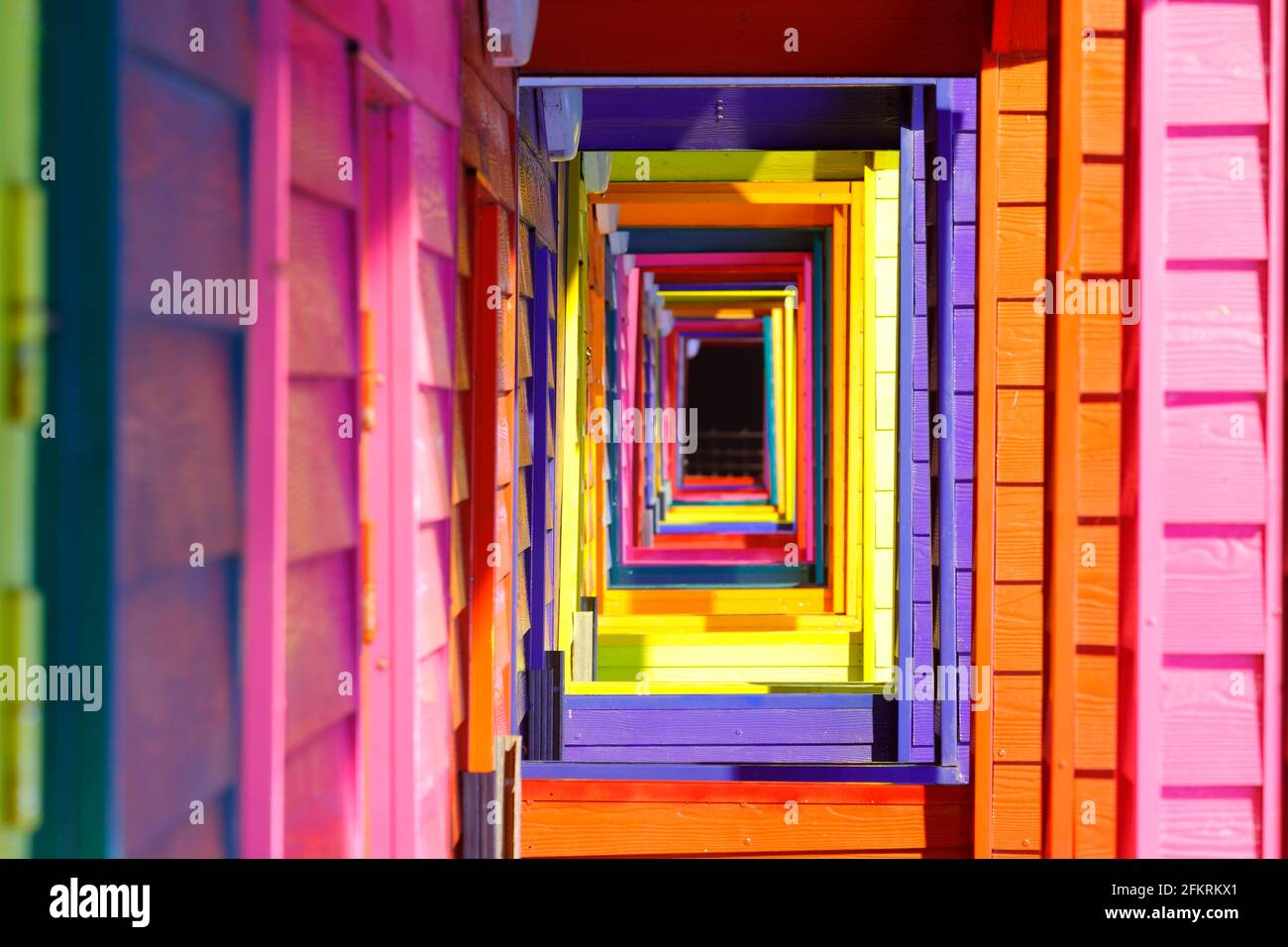 Window corridor of coloured beach huts at Saltburn-by-the-SEa Stock ...