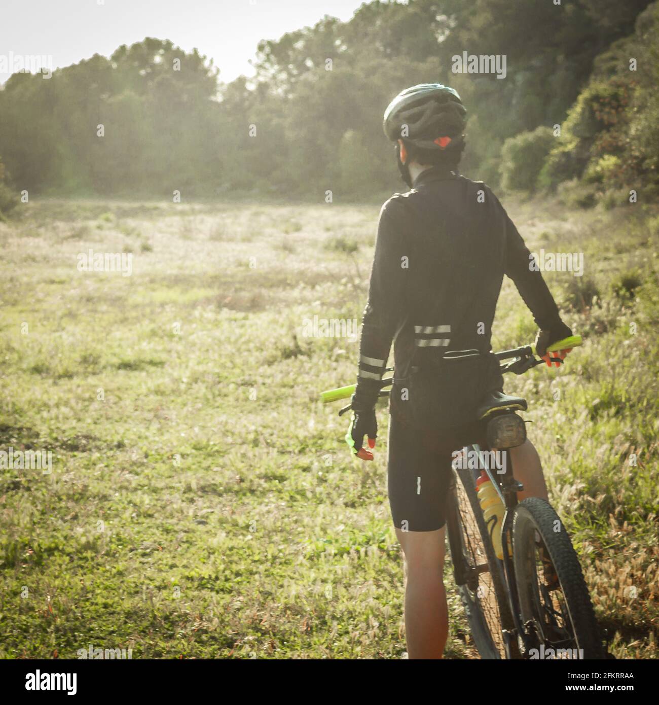 Mountain biker back view while resting during an outdoor workout Stock ...