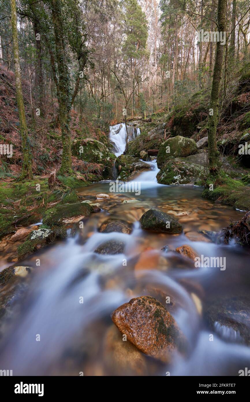 Cascades of fast-flowing streams on the Rio de la Fraga in Galicia ...