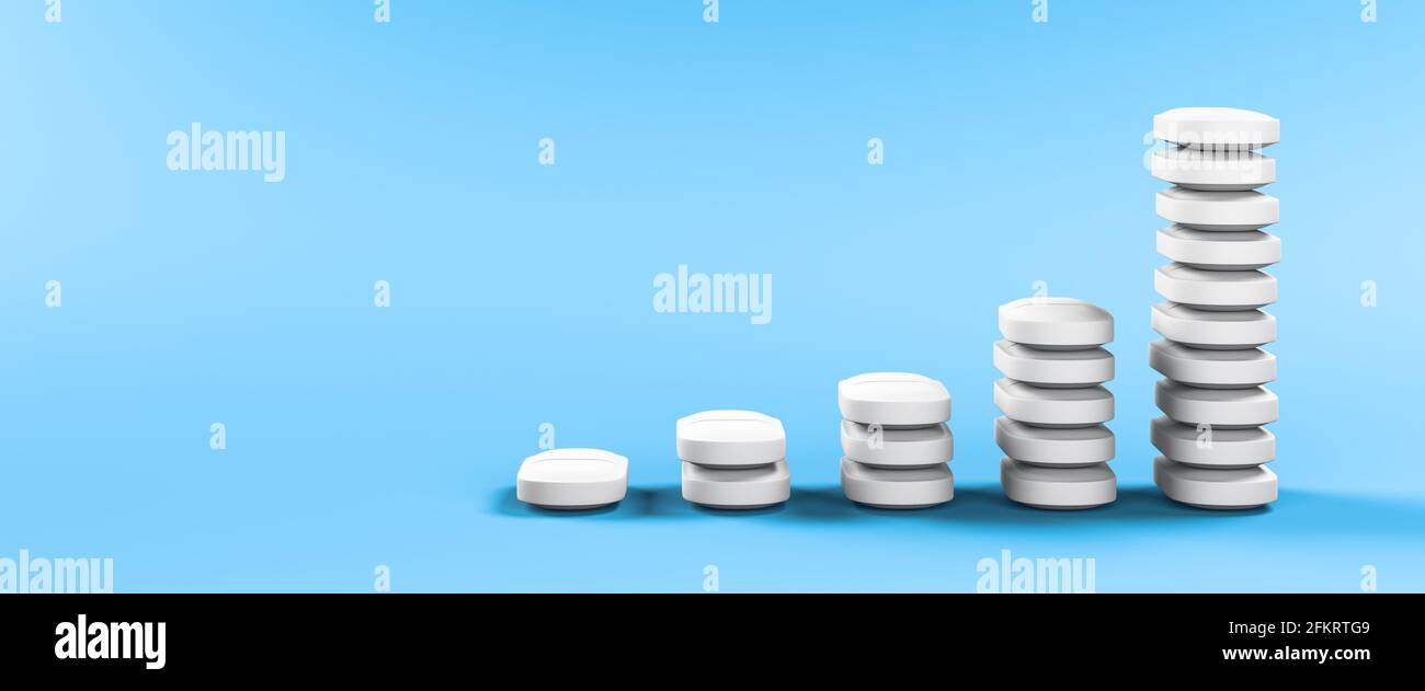 Overmedication concept. A rising number of tablets stacked onto each ...