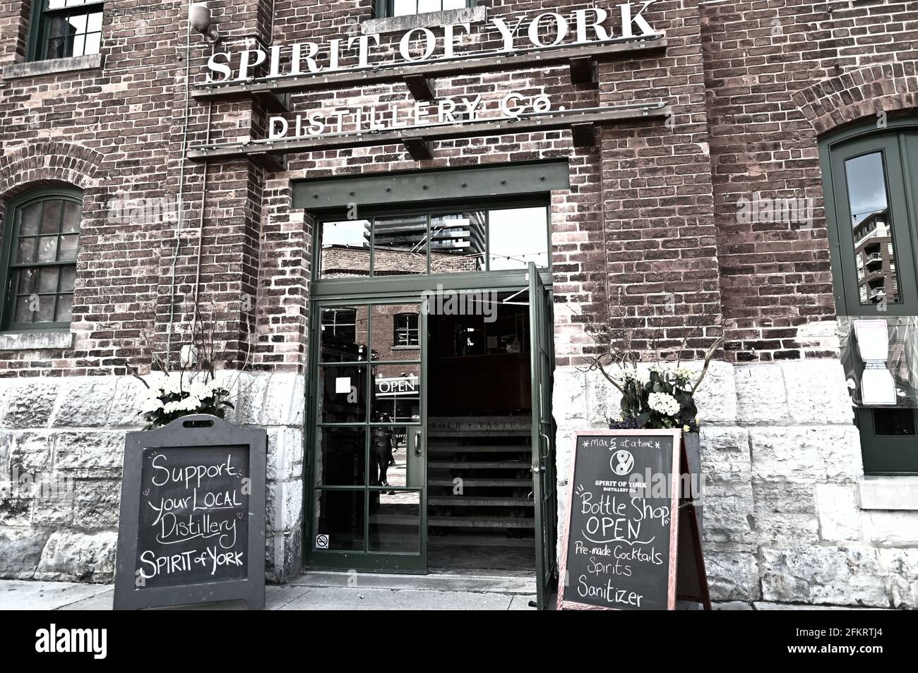 Main entrance to a distillery in the Distillery District in Toronto ...