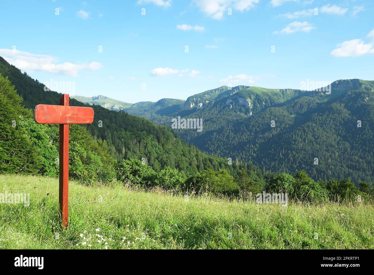 A signpost direction blank brown wooden sign arrow near the tracking ...
