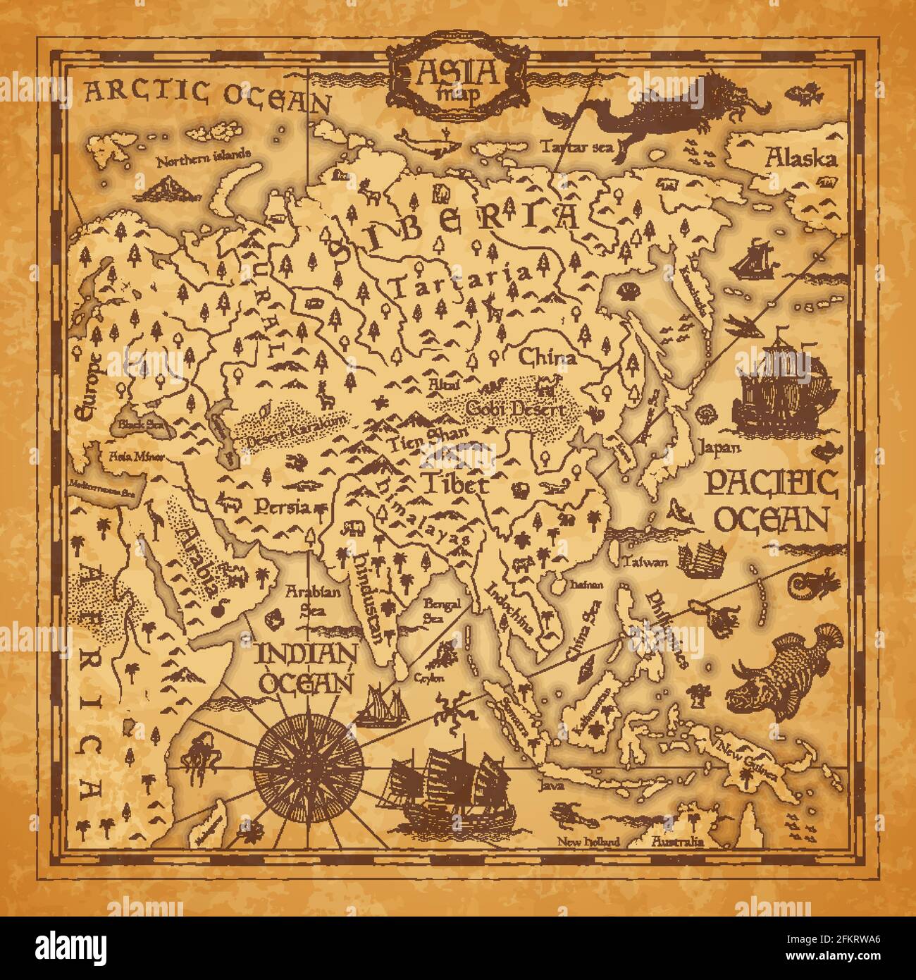 Vintage map of Asia, vector ancient parchment with asian continent with ...