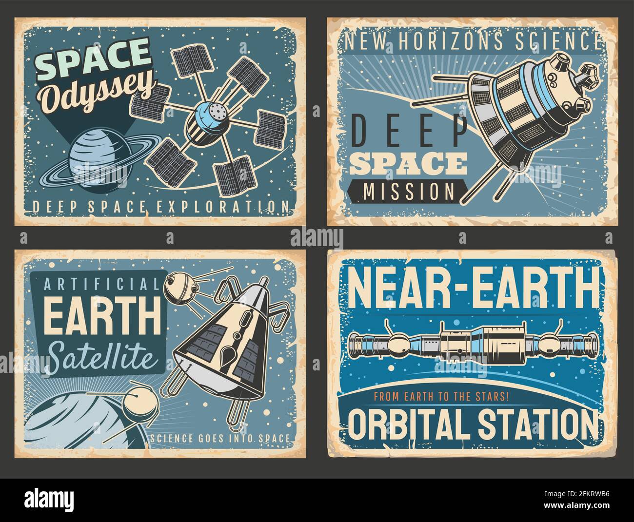 Outer space and galaxy research vector retro posters. Satellites and ...