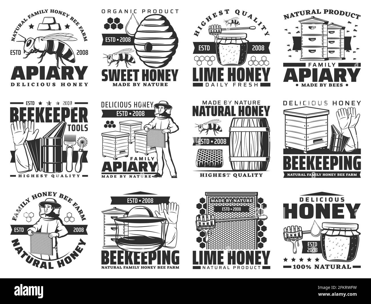 Honey and beekeeping farm vector icons, family apiary products ...