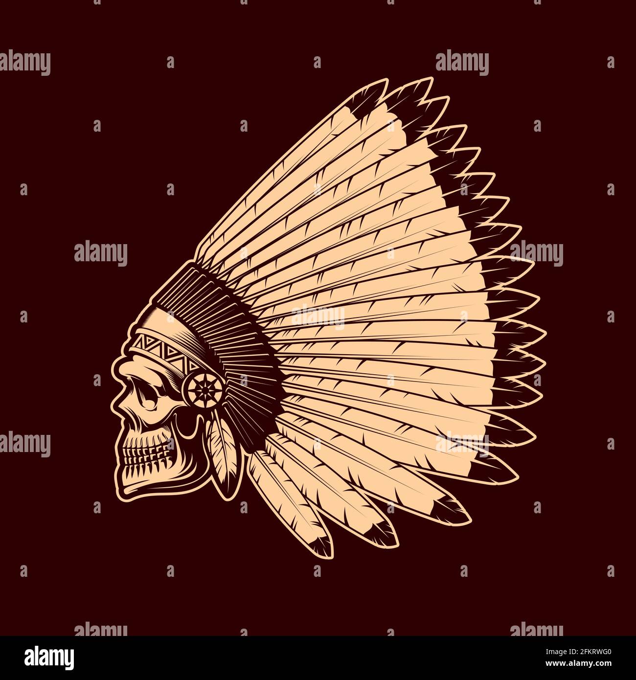 Indian skull vector sketch with Native American chief feather headdress ...