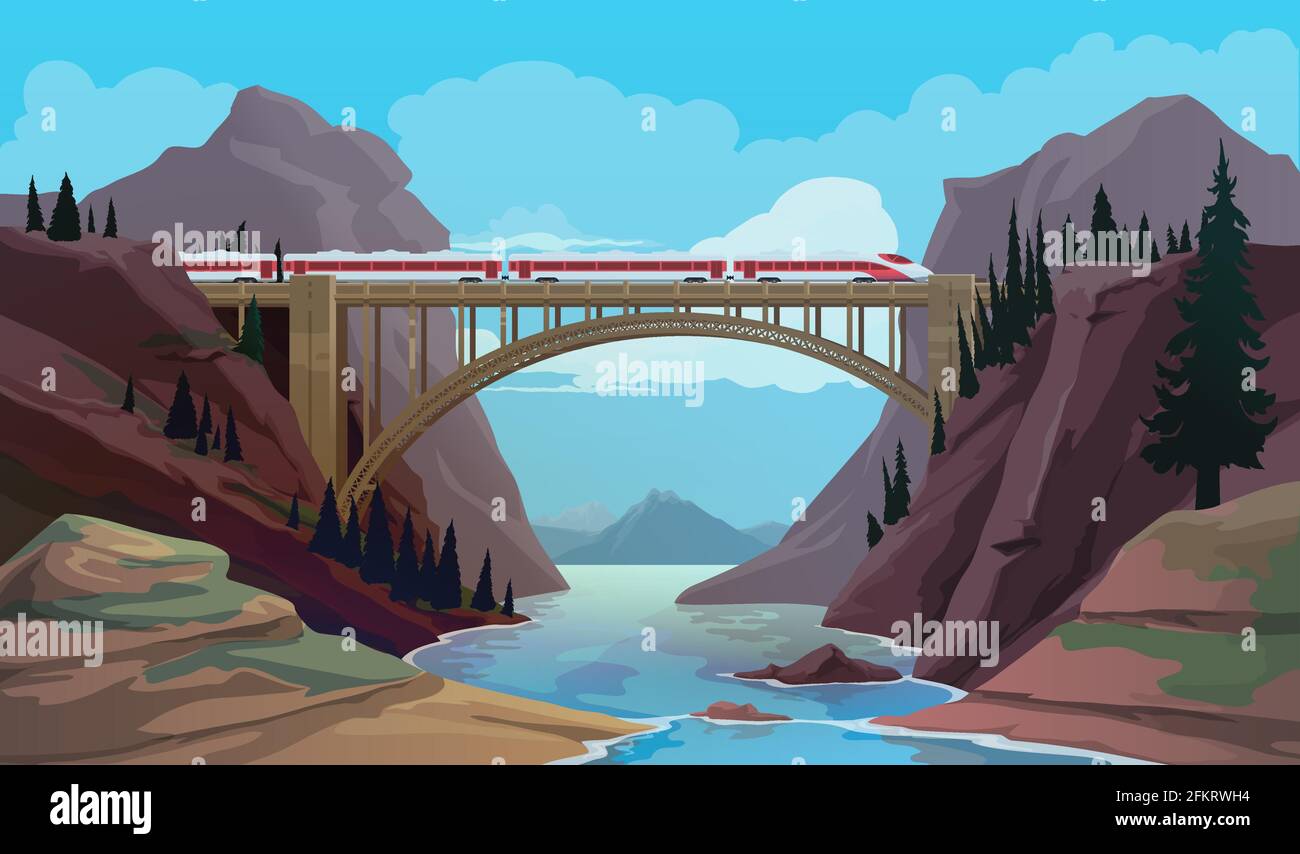 Railroad bridge with train over mountain river vector background ...