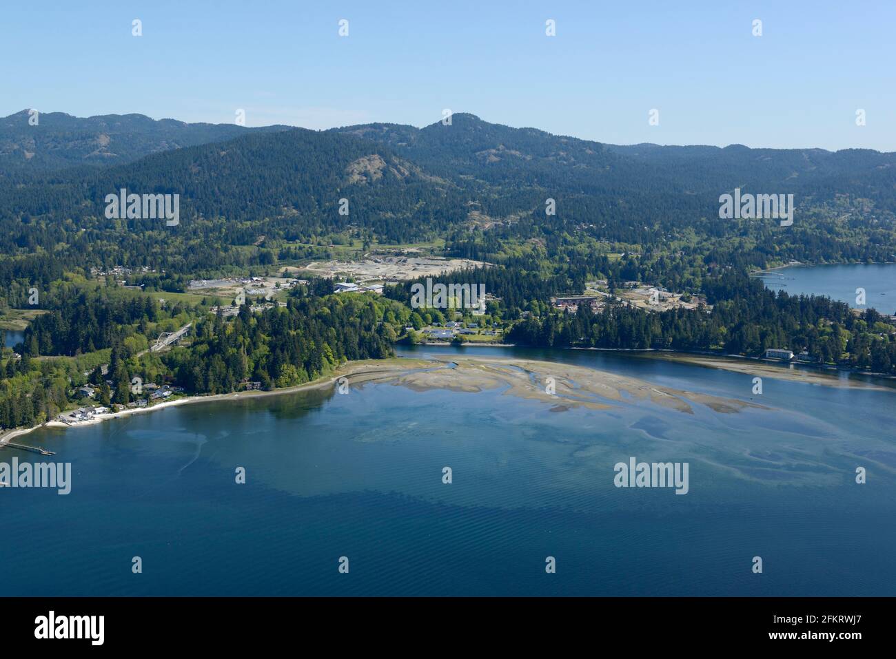 Aerial photo of Sooke River estuary, Vancouver Island, British Columbia ...