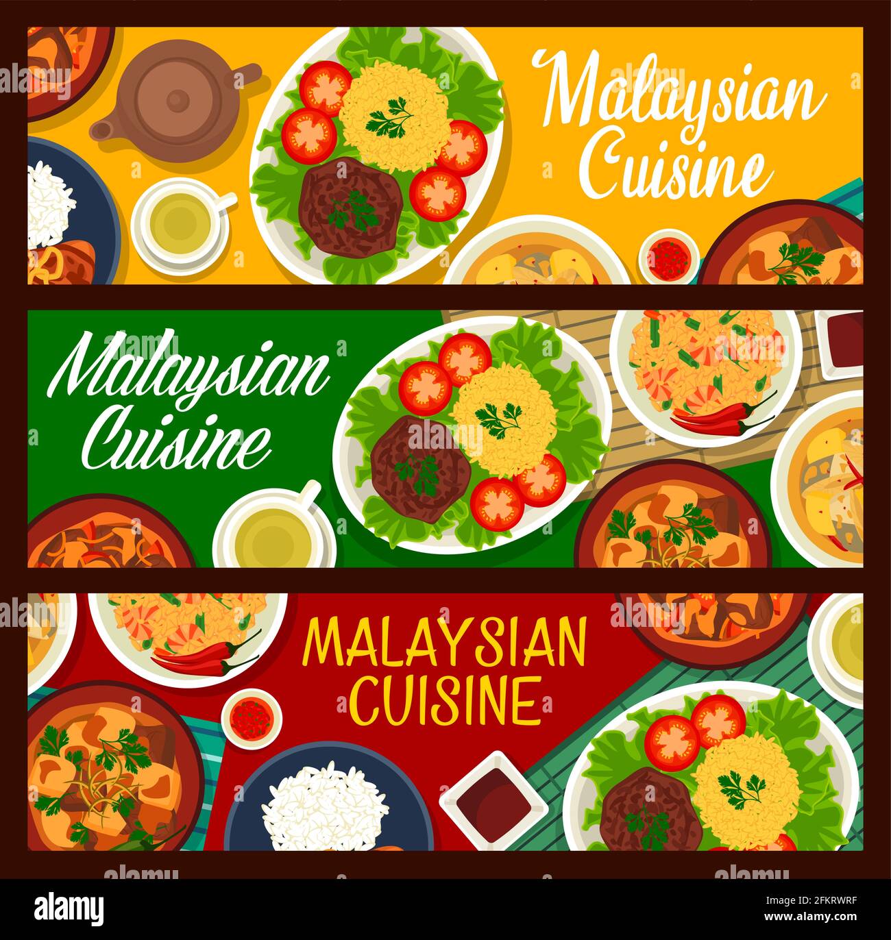Malaysian cuisine food dishes, Asia restaurant menu vector banners ...