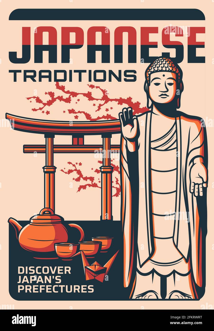 Japanese tradition vector retro poster with Japan prefecture, landmarks ...