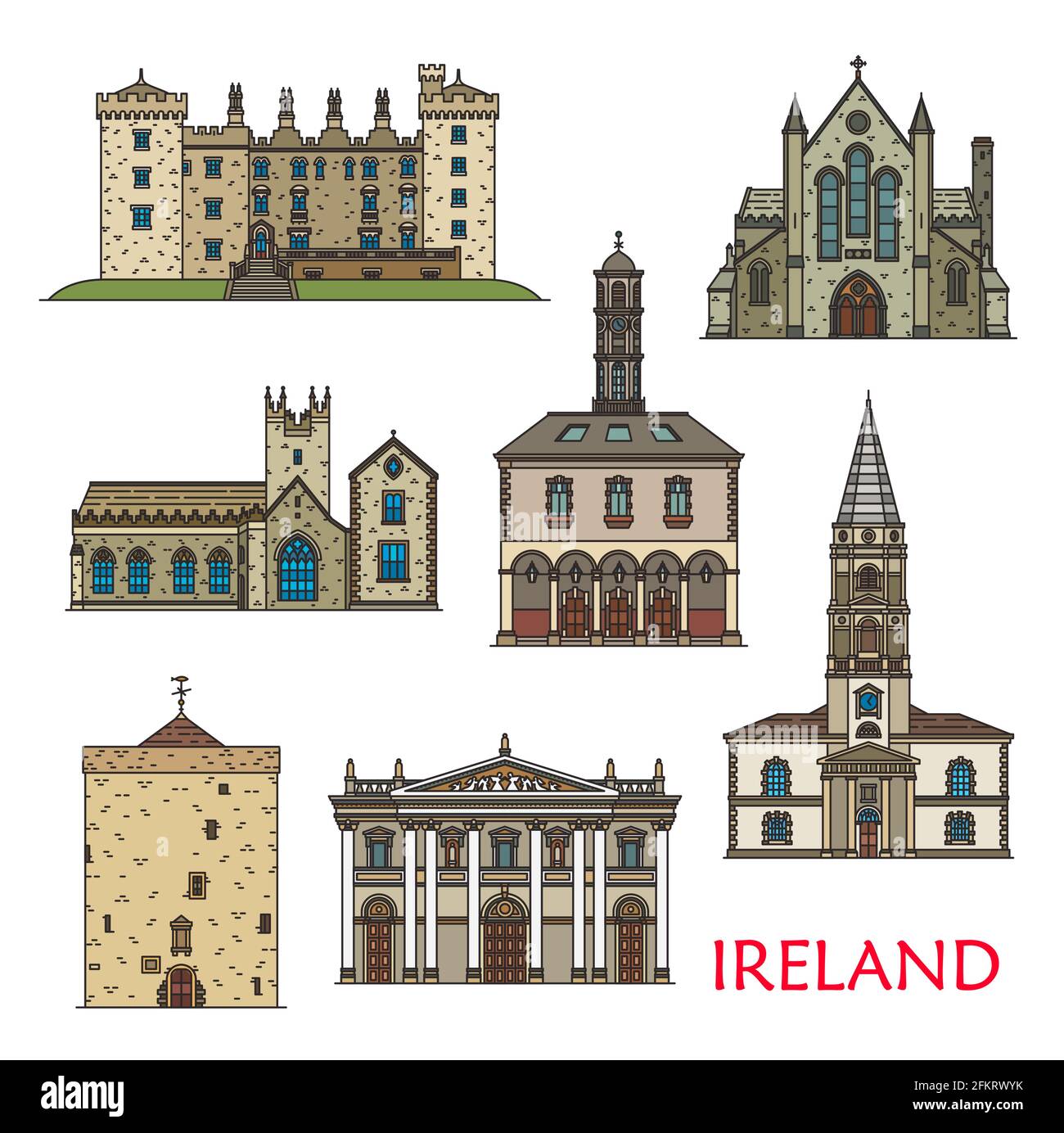 Ireland architecture landmarks, travel sightseeing buildings, vector ...