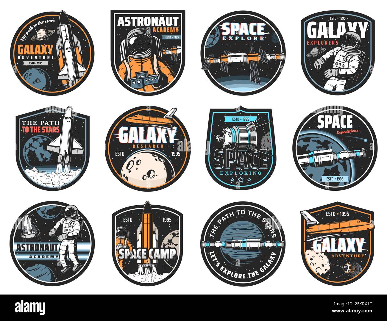 Space vector icons. Cosmonaut in galaxy, rocket in outer cosmos ...