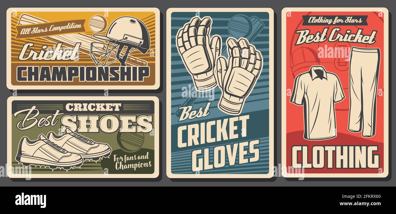 Cricket equipment and uniform. Vector cricket sports game ball, bat and ...