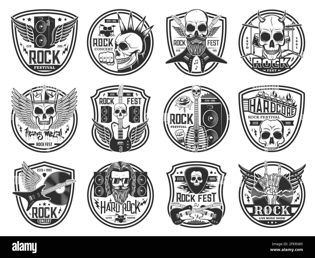 Rock and heavy metal music festival icons. Hard rock concert, live show ...