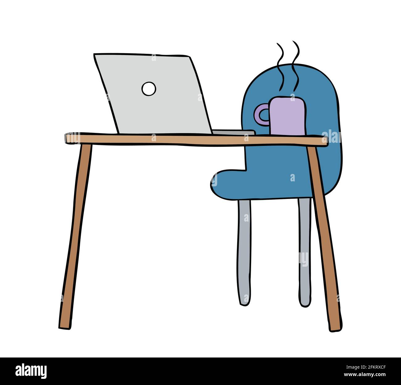 Cartoon vector illustration of desk, tea or coffee, chair and laptop ...
