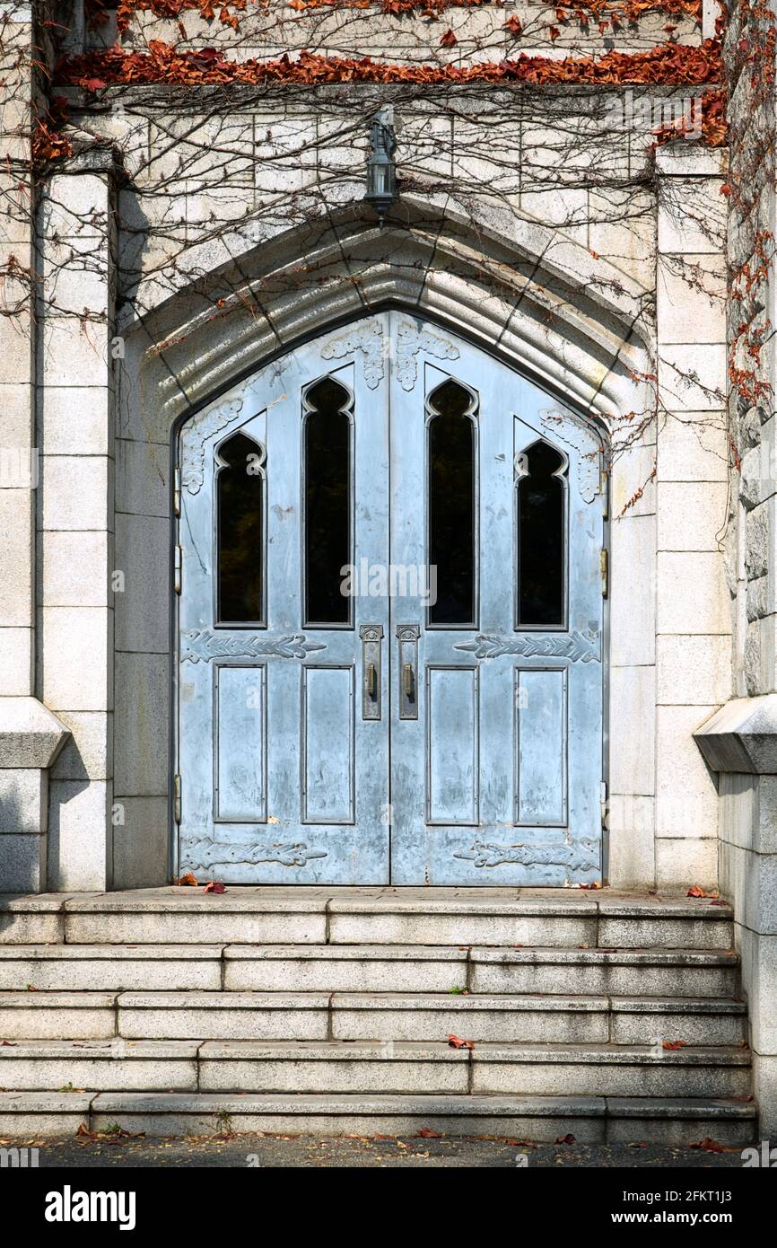 Blue vintage wooden front door of a church Stock Photo - Alamy