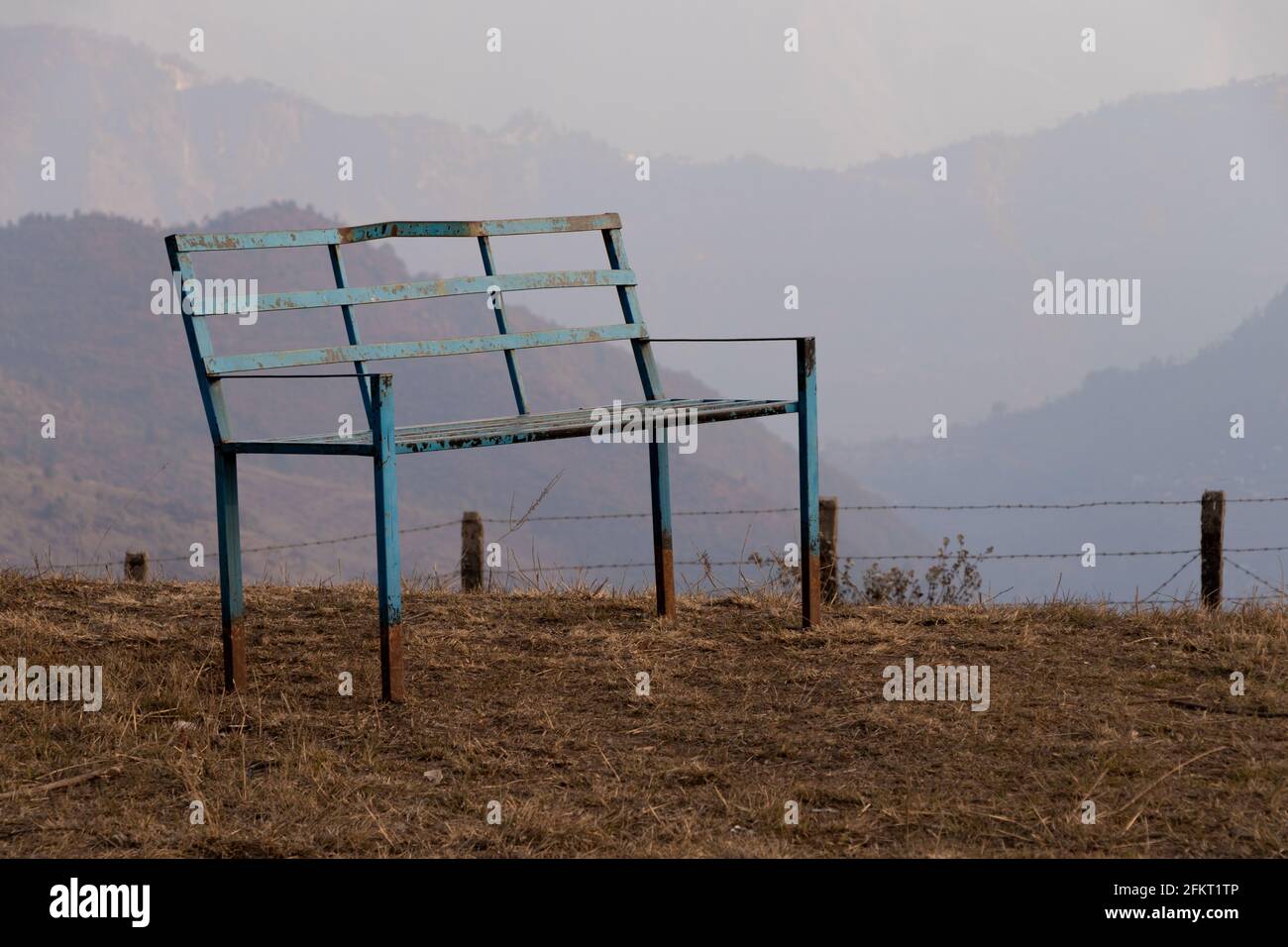 An empty bench in Batase Dada, Tansen, Palpa, Nepal to watch the scenic ...