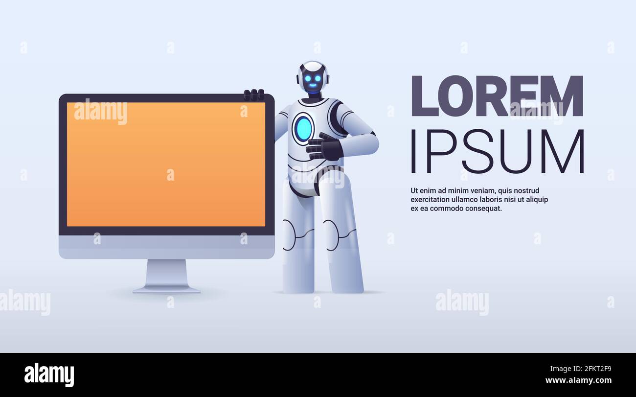 robot cyborg standing near computer monitor robotic character ...