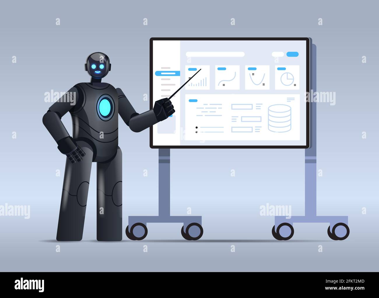 Robot Analyzing Statistics Financial Data Robotic Character Making Presentation On Board