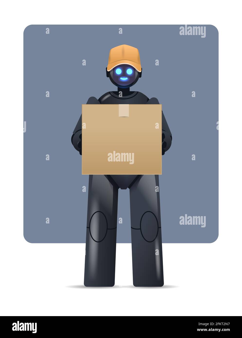black robot courier robotic deliver holding cardboard box delivery ...