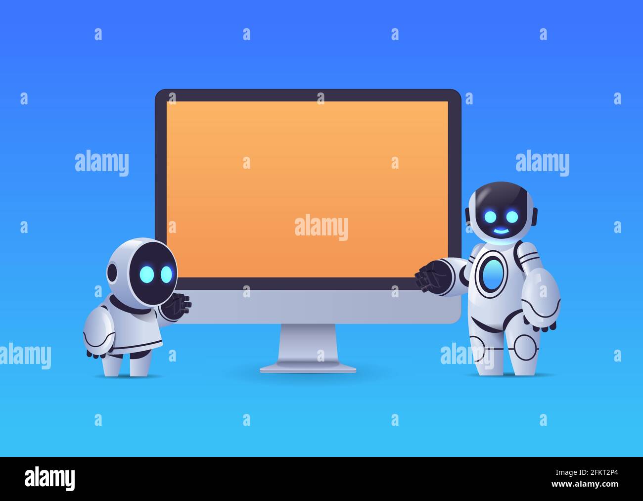 modern robots standing near computer monitor with blank screen robotic ...