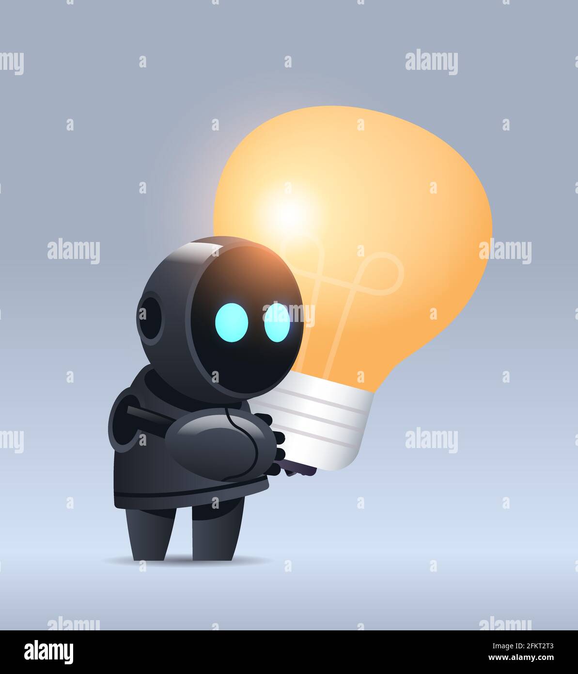 black robot cyborg holding light lamp modern robotic character with ...