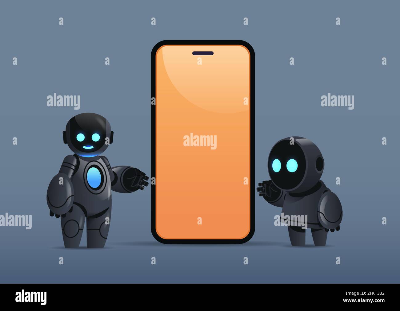 two robots standing near smartphone with blank screen robotic character ...