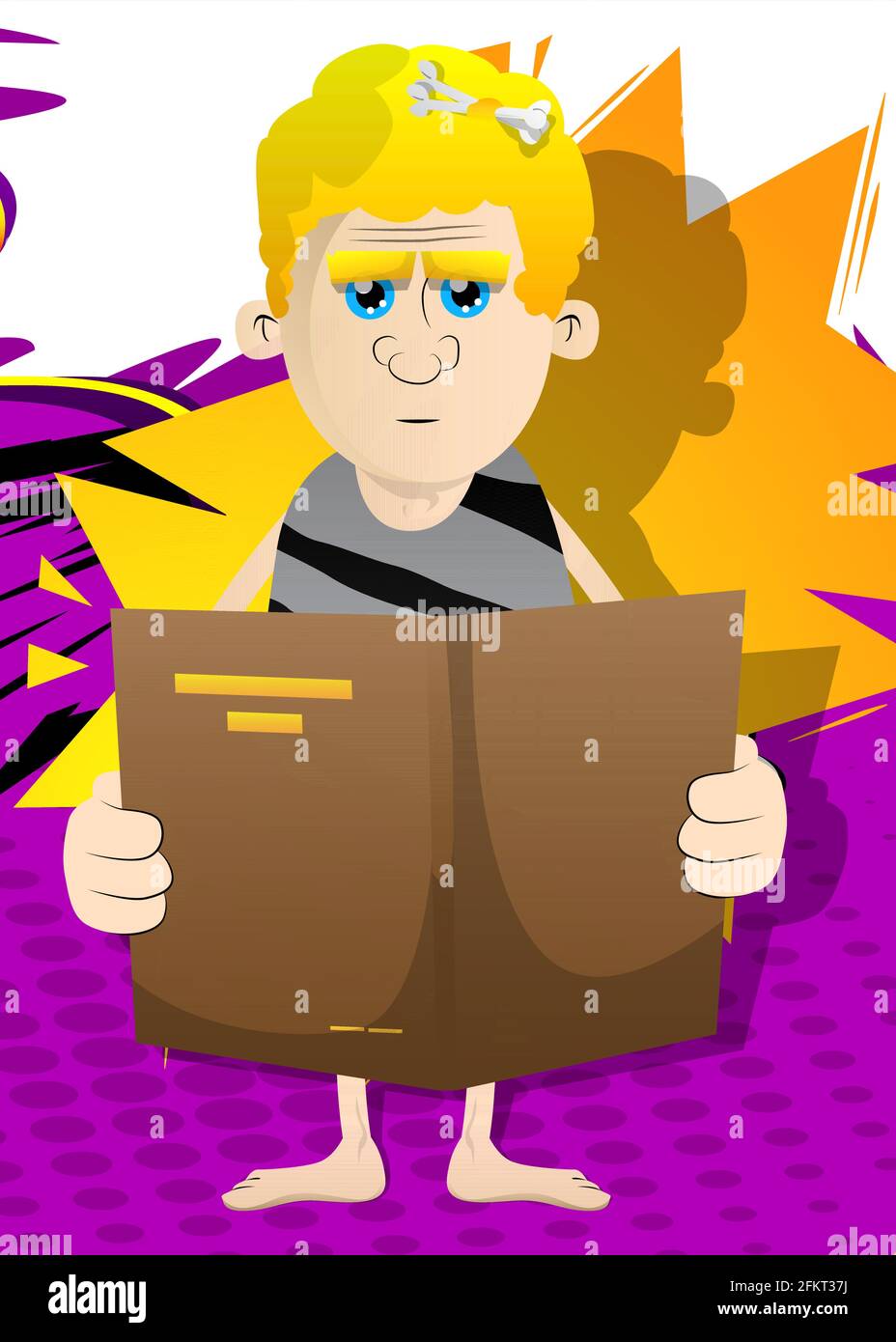 Cartoon prehistoric man reading a book. Vector illustration of a man ...