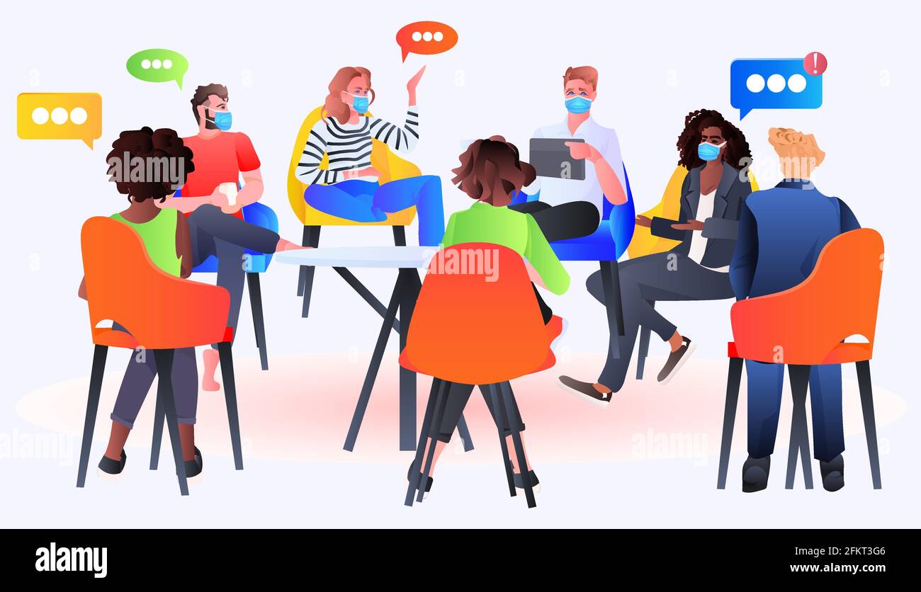 mix race businesspeople in masks discussing during meeting at round ...