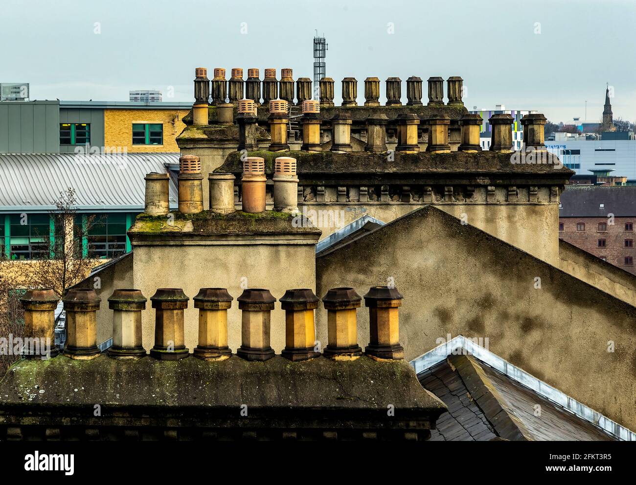 Victorian era chimney stacks viewed from the Tyne bridge in Newcastle ...